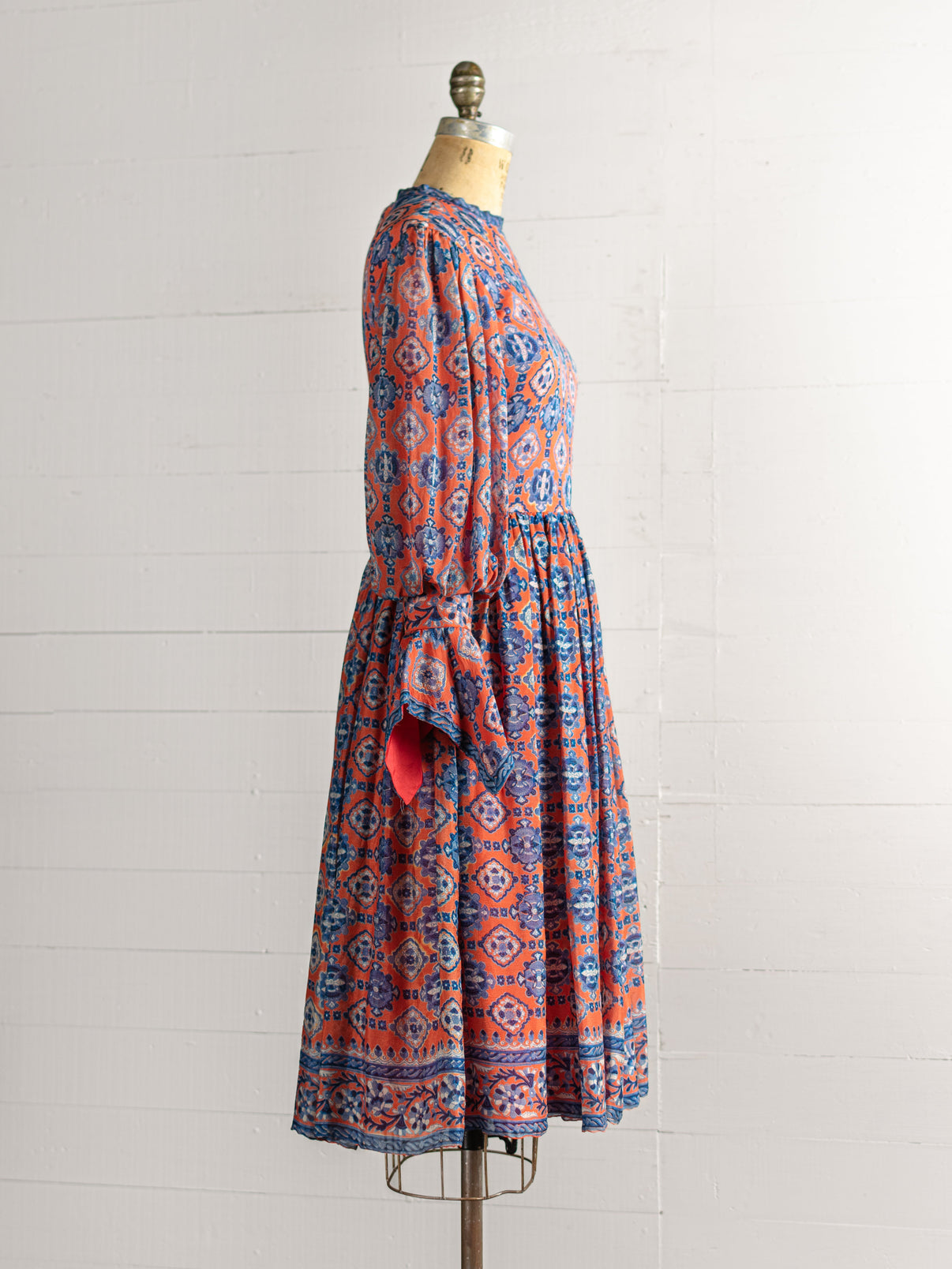 Vintage 1970s Orange & Blue Silk Indian Block Print Dress - Size XS ...